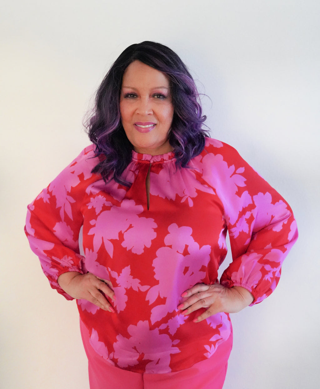 'Sandra' Floral Print Satin Blouse – Rene' Tyler Plus Sizes 12 & Above
